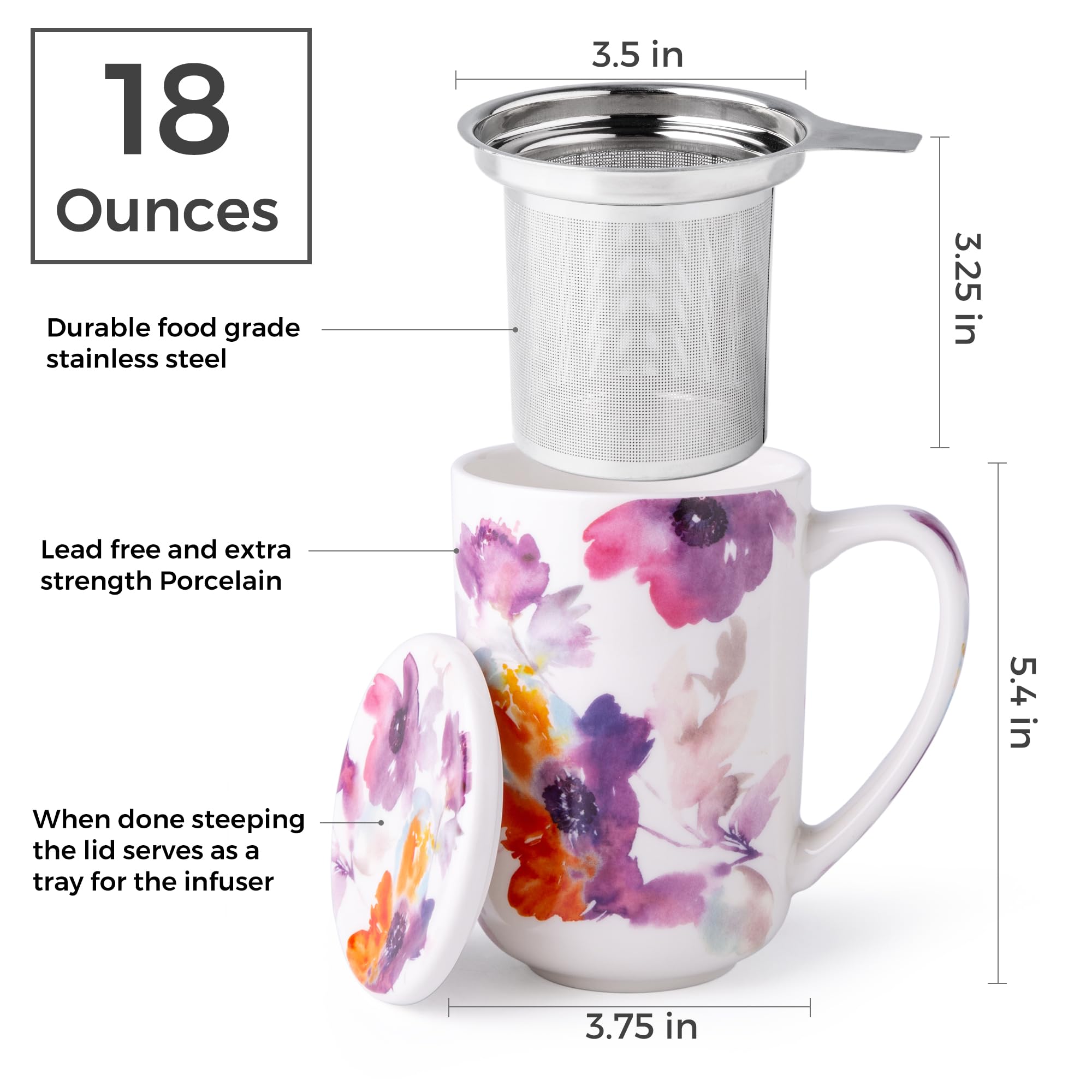 AmorArc Porcelain Tea Mug with Infuser and Lids, 18 Oz Tea Cup Strainer with Tea Bag Holder for Loose Leaf Tea, Tea Steeping Coffee Mug for House-warming Wedding Birthday Gift