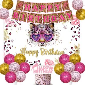 kreat4joy cheetah print birthday decorations girl, cheetah happy birthday decorations backdrop banner cake topper, cheetah print balloons leopard for safari jungle animal cheetah supplies