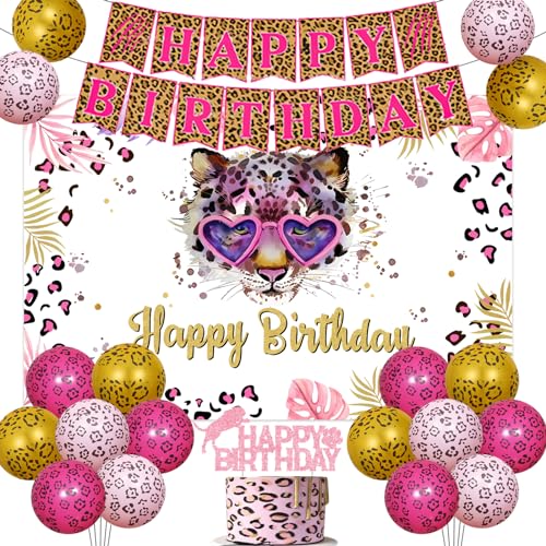 kreat4joy Cheetah Print Birthday Decorations Girl, Cheetah Happy Birthday Decorations Backdrop Banner Cake Topper, Cheetah Print Balloons Leopard for Safari Jungle Animal Cheetah Supplies