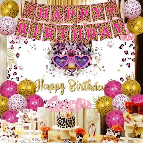 kreat4joy Cheetah Print Birthday Decorations Girl, Cheetah Happy Birthday Decorations Backdrop Banner Cake Topper, Cheetah Print Balloons Leopard for Safari Jungle Animal Cheetah Supplies