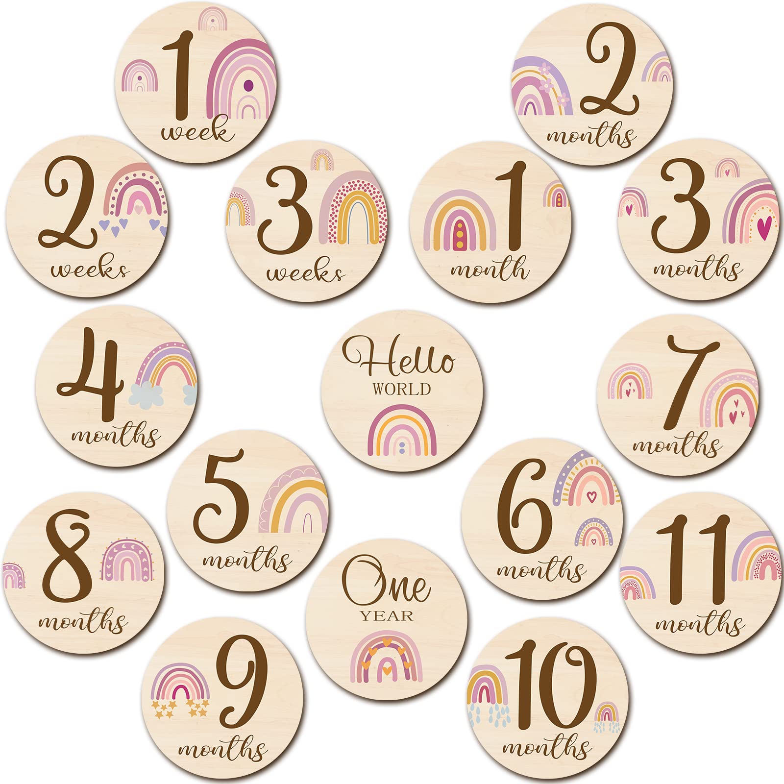 16 Pieces Wooden Baby Monthly Milestone Cards Baby Monthly Milestone Marker Discs Double Sided Monthly Milestone Wooden Circles Baby Months Signs for Baby Shower Newborn Photo Props(Rainbow)