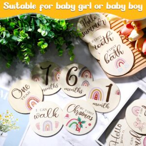 16 Pieces Wooden Baby Monthly Milestone Cards Baby Monthly Milestone Marker Discs Double Sided Monthly Milestone Wooden Circles Baby Months Signs for Baby Shower Newborn Photo Props(Rainbow)