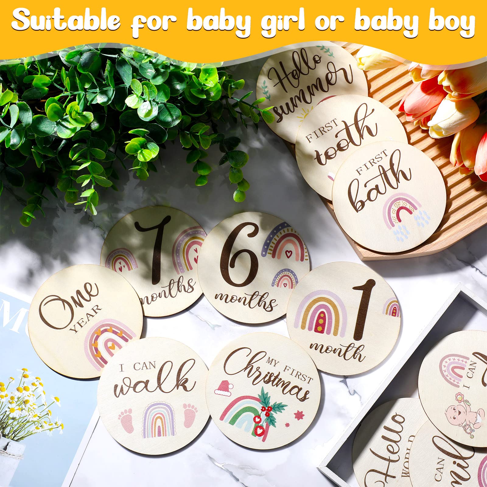 16 Pieces Wooden Baby Monthly Milestone Cards Baby Monthly Milestone Marker Discs Double Sided Monthly Milestone Wooden Circles Baby Months Signs for Baby Shower Newborn Photo Props(Rainbow)