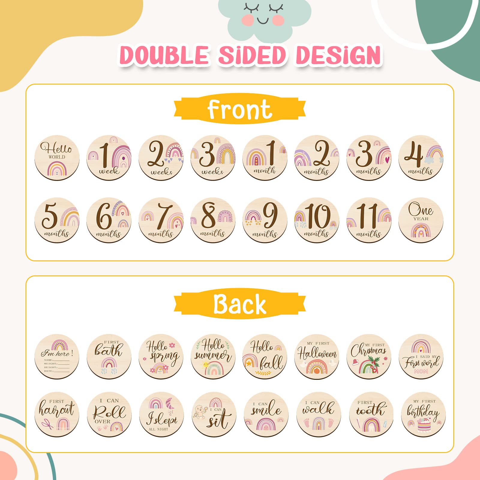 16 Pieces Wooden Baby Monthly Milestone Cards Baby Monthly Milestone Marker Discs Double Sided Monthly Milestone Wooden Circles Baby Months Signs for Baby Shower Newborn Photo Props(Rainbow)