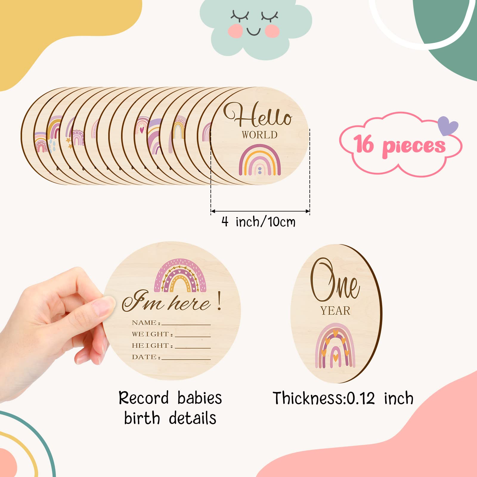 16 Pieces Wooden Baby Monthly Milestone Cards Baby Monthly Milestone Marker Discs Double Sided Monthly Milestone Wooden Circles Baby Months Signs for Baby Shower Newborn Photo Props(Rainbow)