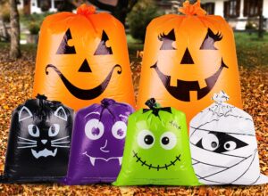 popgiftu 12 pcs halloween lawn leaf bags pumpkin lawn bags, with 6 halloween pattern designs, plastic outdoor fall leaf trash bag for fall decorations outdoor yard lawn halloween decorations