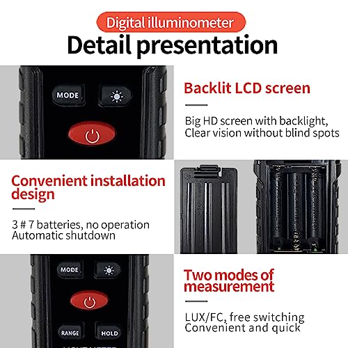 Digital Illuminance Light Meter Tester 200,000Lux Meter (18,500FC) Luxmeter Lighting Intensity Brightness Measurement Tool for Indoor Outdoor Grow Plants Film Photography lumens LED Photometer