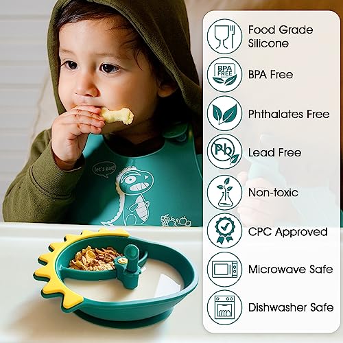 Dinosaur Silicone Baby Feeding Set |Toddler Utensils, baby spoon and fork, waterproof bibs, bowl & suction plates for Self-Feeding. Baby Led Weaning, Toddler feeding supplies. (Dino Green)