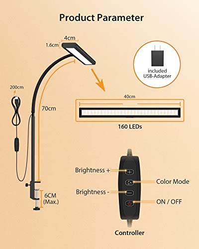 Desk Lamp, iFalarila Dimmable 160 LED Desk Light for Home Office [Updated Flexible Gooseneck & Metal Rod & I-Clamp] Book Light Clip on Table for Reading, Workbench, Drafting, Nail Tech, Sewing, Puzzle