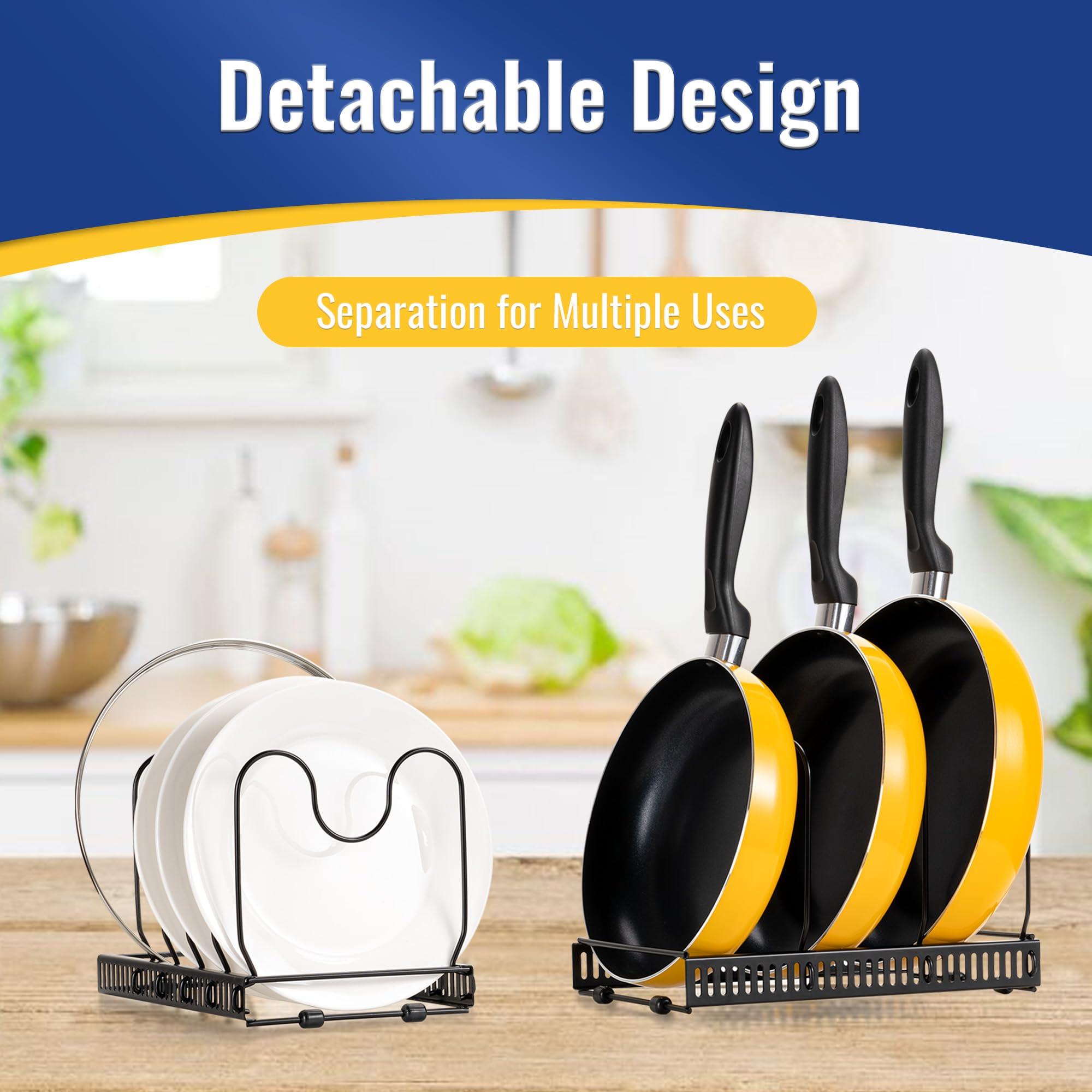 Damita Expandable Pot and Pan Organizer Rack for Cabinet, 2 Pack Pot Lid Holder with 10 Adjustable Compartments - Ideal Kitchen Cabinet Organizer for Cutting Board, Frying Pan, and More (Black)