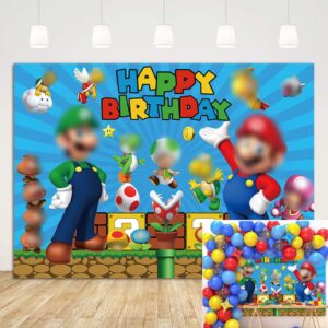 super brother happy birthday backdrop video adventure game children boy photo theme party decorative shooting gold coin mushroom blue element prop banner (5x3ft(150x90cm))