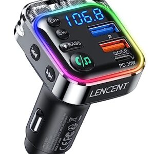 LENCENT Bluetooth 5.3 FM Transmitter,PD 30W & QC3.0 Fast Charger Bluetooth car Adapter,Hi-Fi Music/Clear Calling car FM Bluetooth Adapter