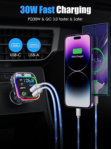 LENCENT Bluetooth 5.3 FM Transmitter,PD 30W & QC3.0 Fast Charger Bluetooth car Adapter,Hi-Fi Music/Clear Calling car FM Bluetooth Adapter