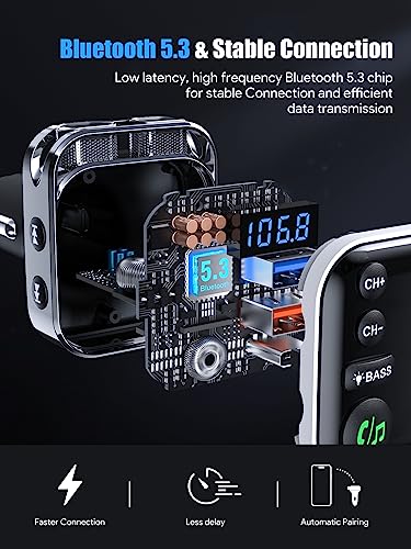 LENCENT Bluetooth 5.3 FM Transmitter,PD 30W & QC3.0 Fast Charger Bluetooth car Adapter,Hi-Fi Music/Clear Calling car FM Bluetooth Adapter