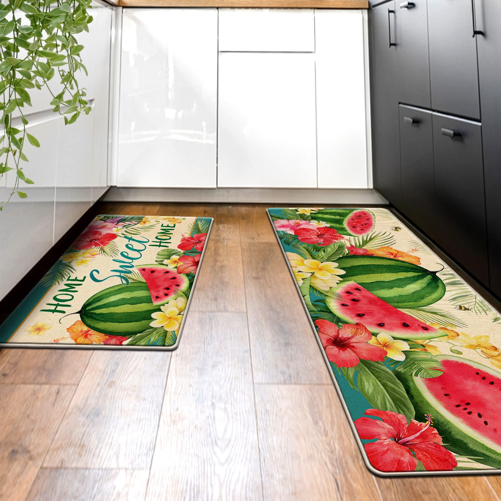 Tailus Fall Pumpkin Kitchen Rugs Set of 2, Autumn Truck Maple Leaves Farmhouse Kitchen Mats Decor, Thanksgiving Buffalo Plaid Check Floor Door Mat Home Decorations - 17x29 and 17x47 Inch