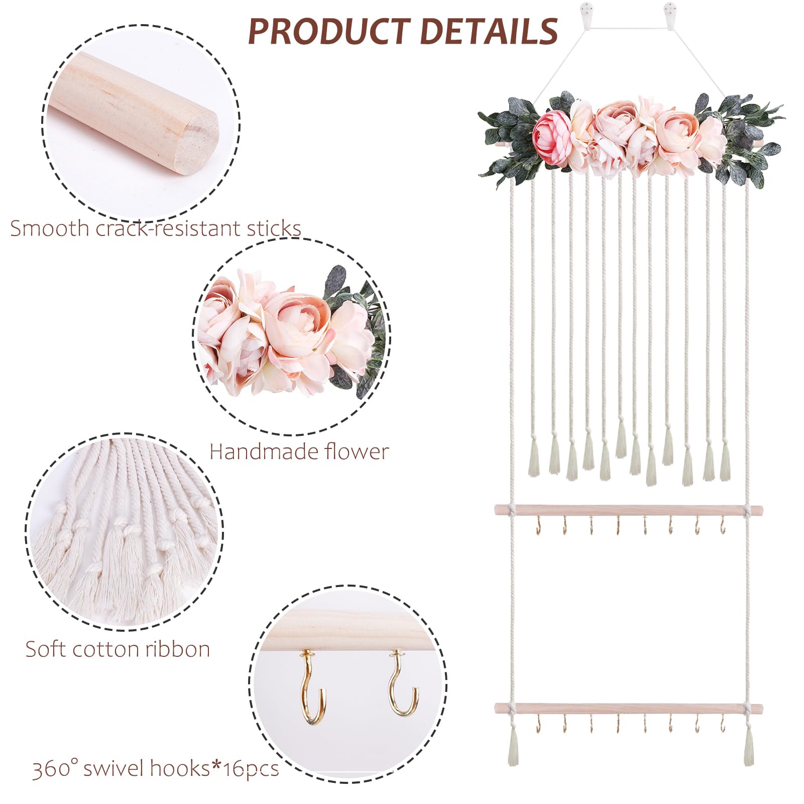 cherrboll Hair Bow Holder for Girls, Headband Organizer w/16 Hooks, Hanging Hair Clips Organization for Nursery Decor Room Wall