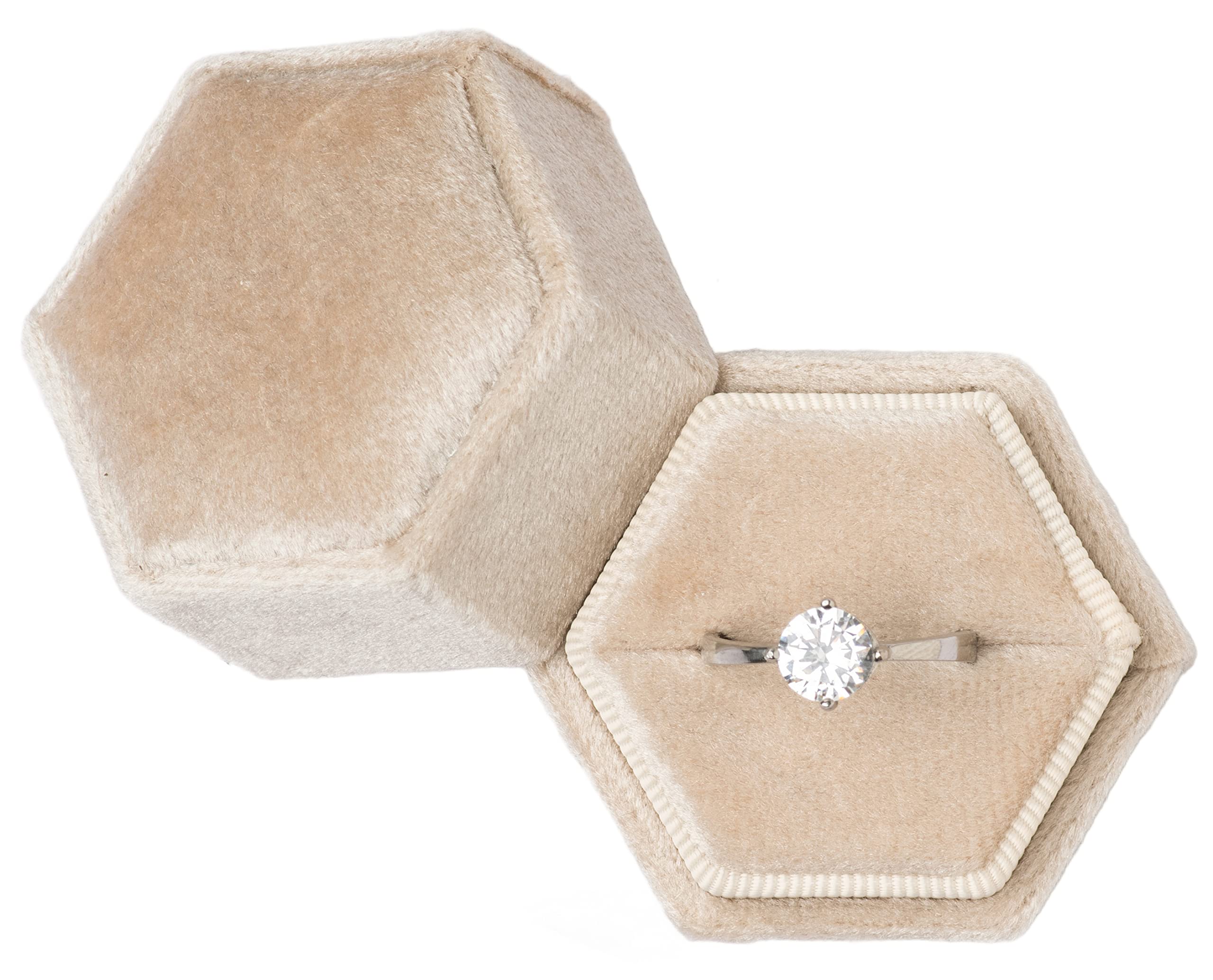 Giftop Equal Hexagon Velvet Single Ring Box for Engagement Proposal Wedding,Jewelry Ring Gift Box Jewelry Packaging Box (Beige)