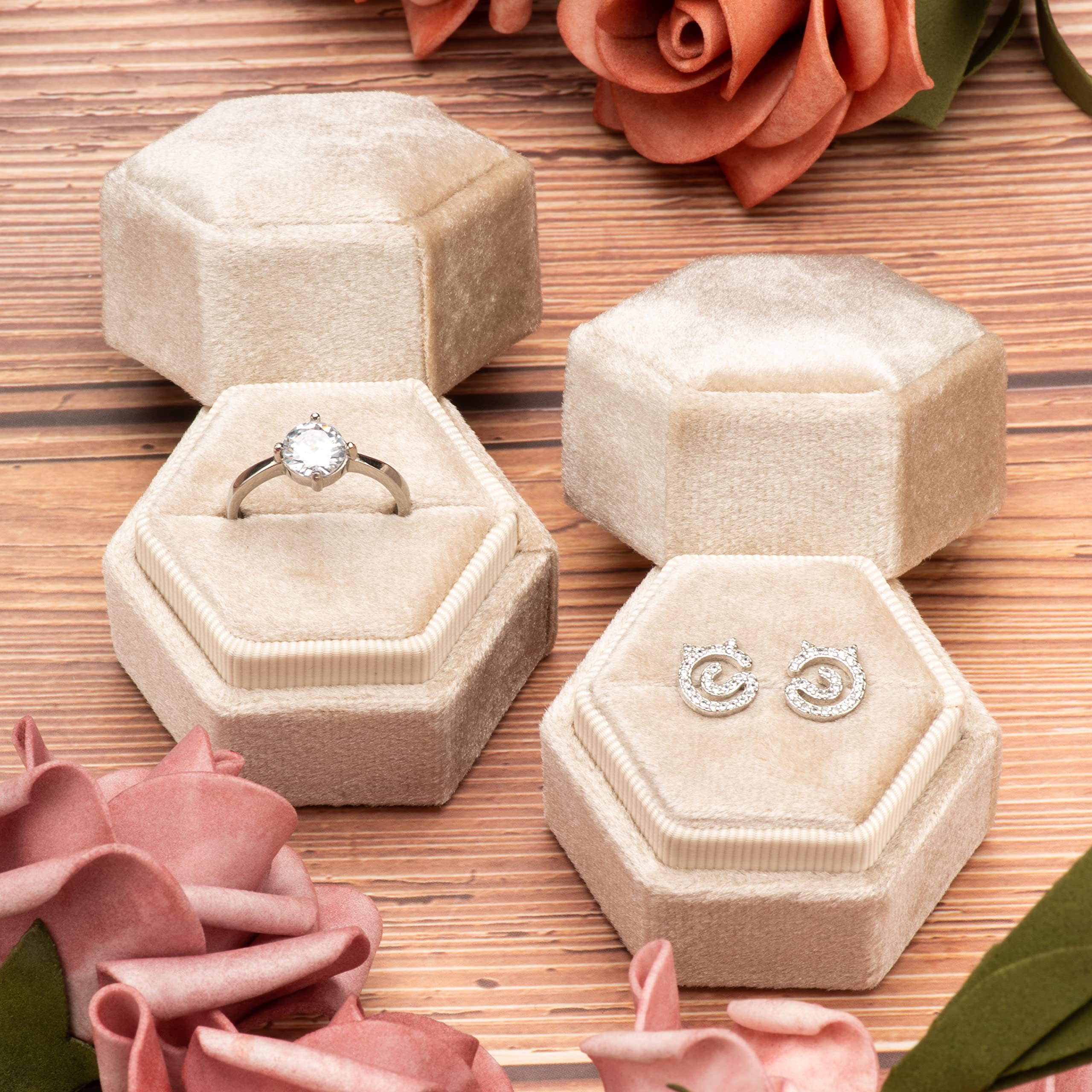 Giftop Equal Hexagon Velvet Single Ring Box for Engagement Proposal Wedding,Jewelry Ring Gift Box Jewelry Packaging Box (Beige)