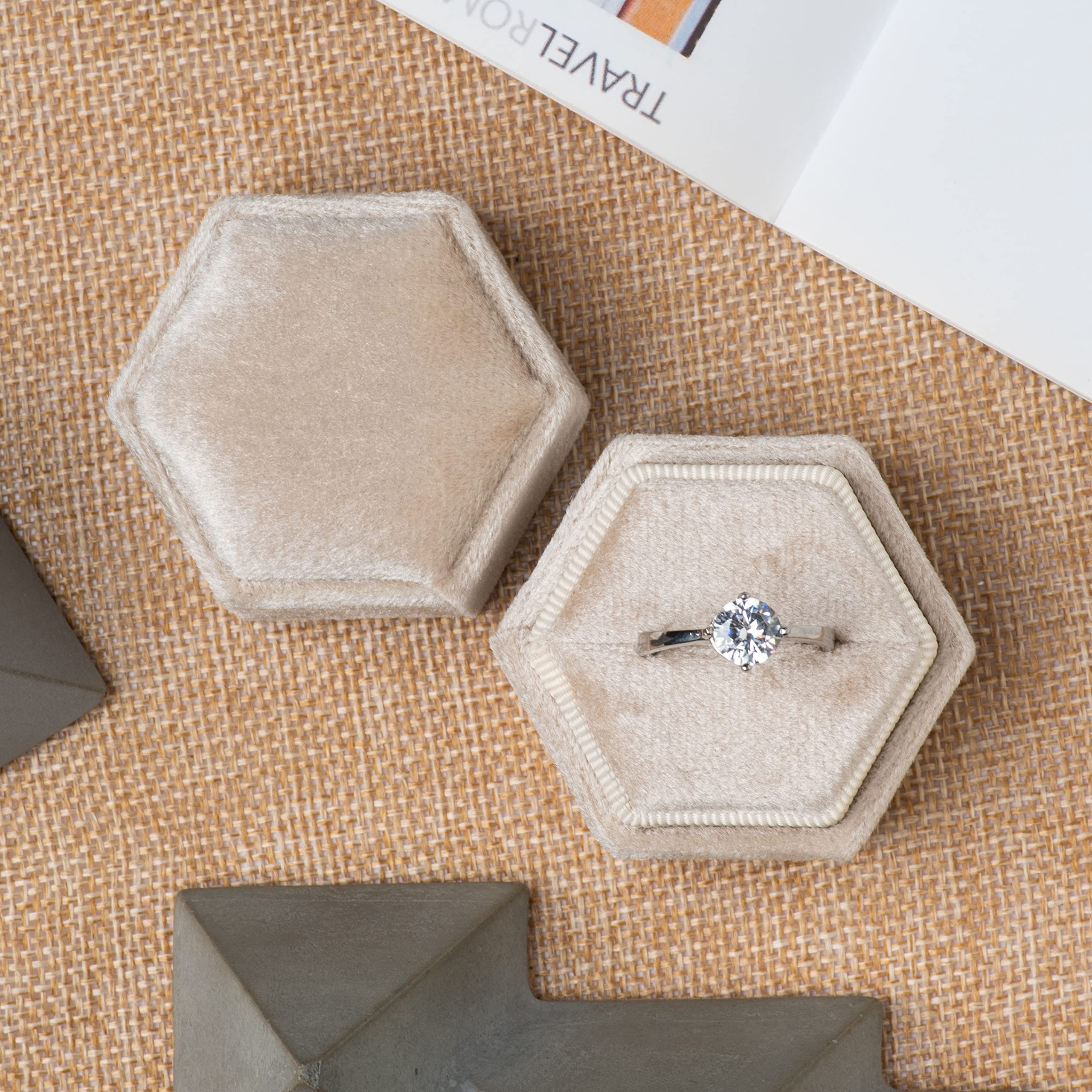 Giftop Equal Hexagon Velvet Single Ring Box for Engagement Proposal Wedding,Jewelry Ring Gift Box Jewelry Packaging Box (Beige)