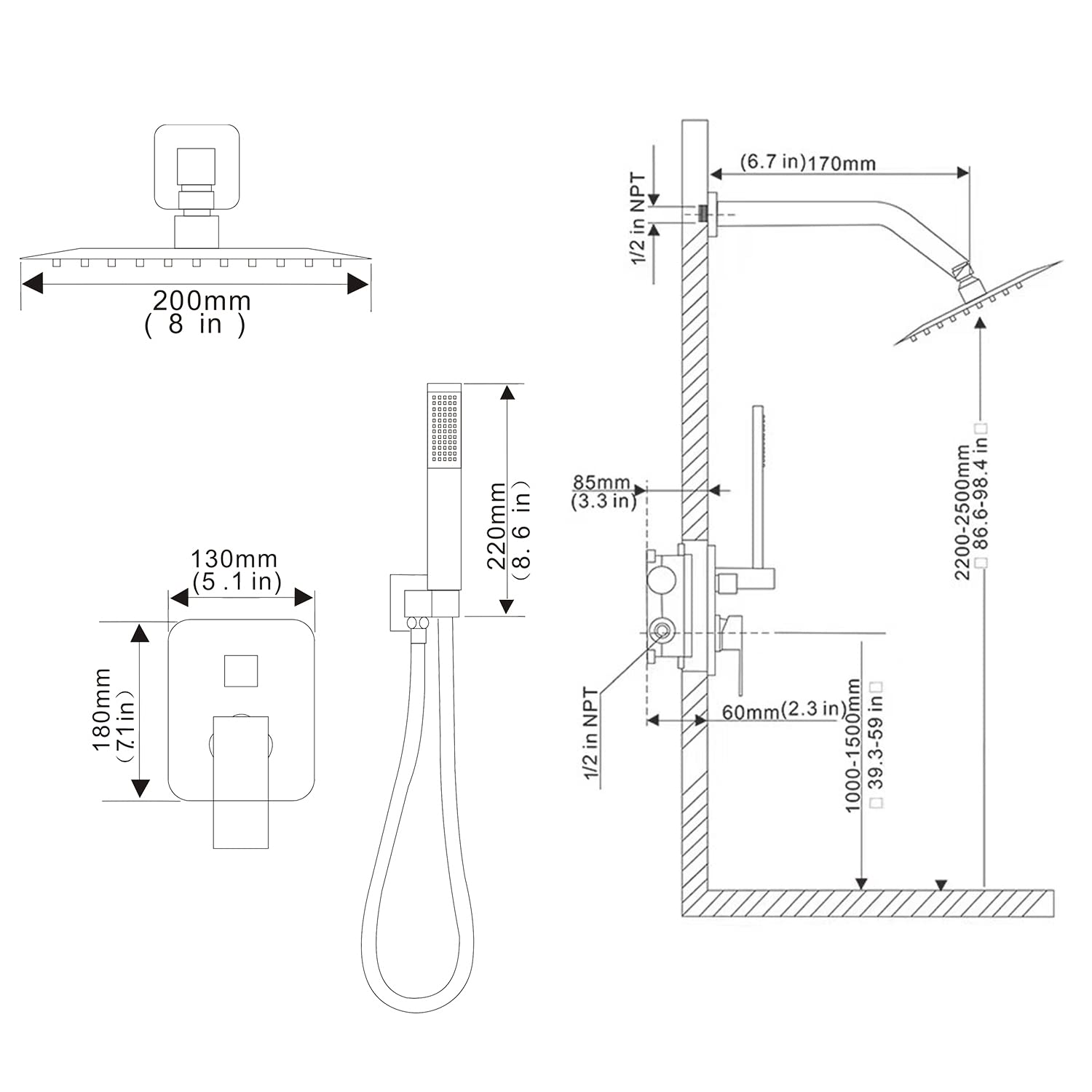 annazom Shower Faucet Set Rain Shower System Matte Black with High Pressure 8-Inch Shower Head Handheld Square Shower Head Bathroom Luxury Rain Shower Faucet Shower Complete Combo Kit Wall Mounted