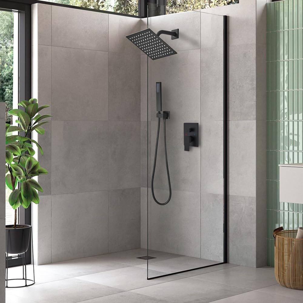 annazom Shower Faucet Set Rain Shower System Matte Black with High Pressure 8-Inch Shower Head Handheld Square Shower Head Bathroom Luxury Rain Shower Faucet Shower Complete Combo Kit Wall Mounted