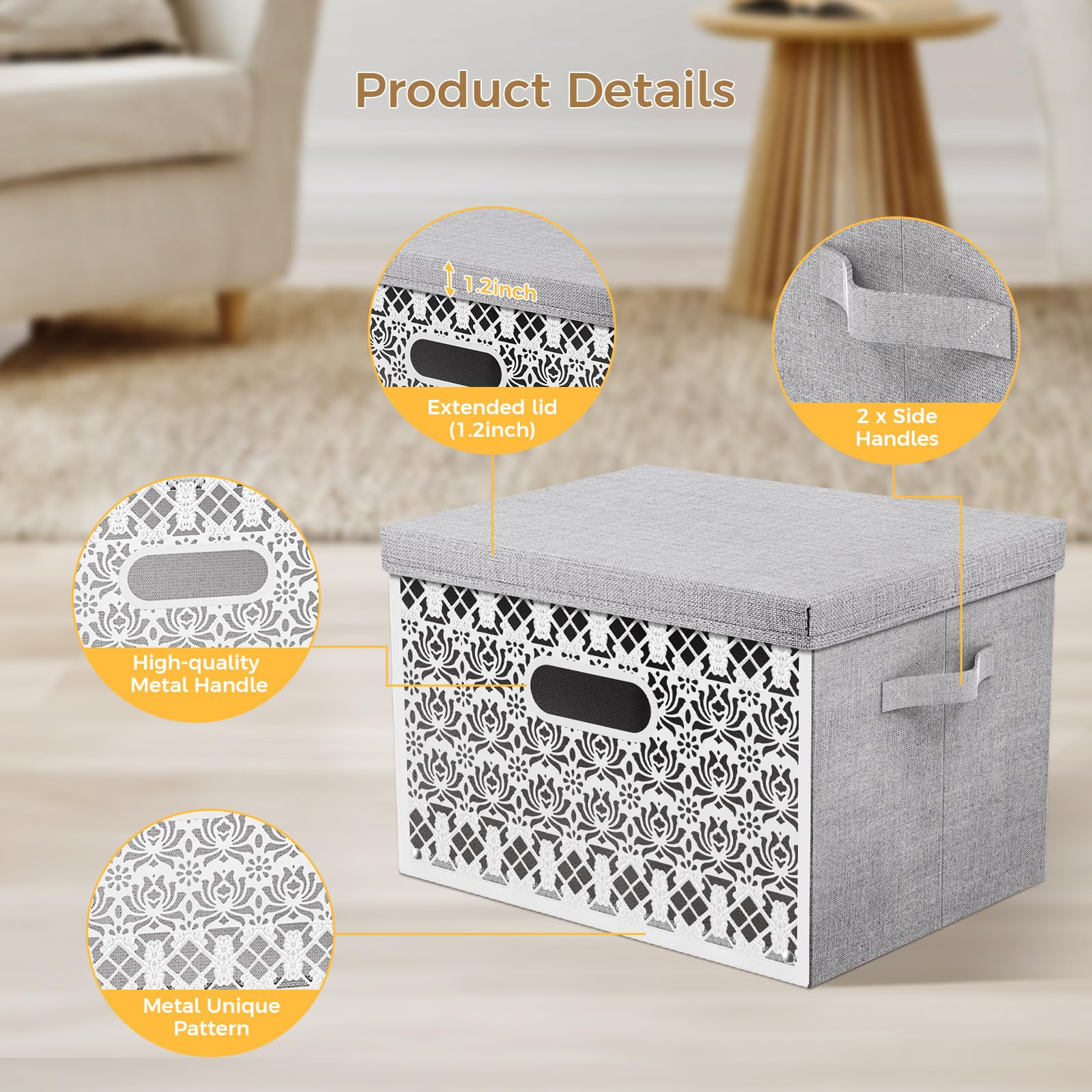 Iirios Storage Bins With Lids, 3 Pack Linen Foldable Storage Bins, Metal Clothes Storage Containers with Handles, Stackable Storage Baskets for Clothing, Blanket, Comforters, Pillows and Toys (White)