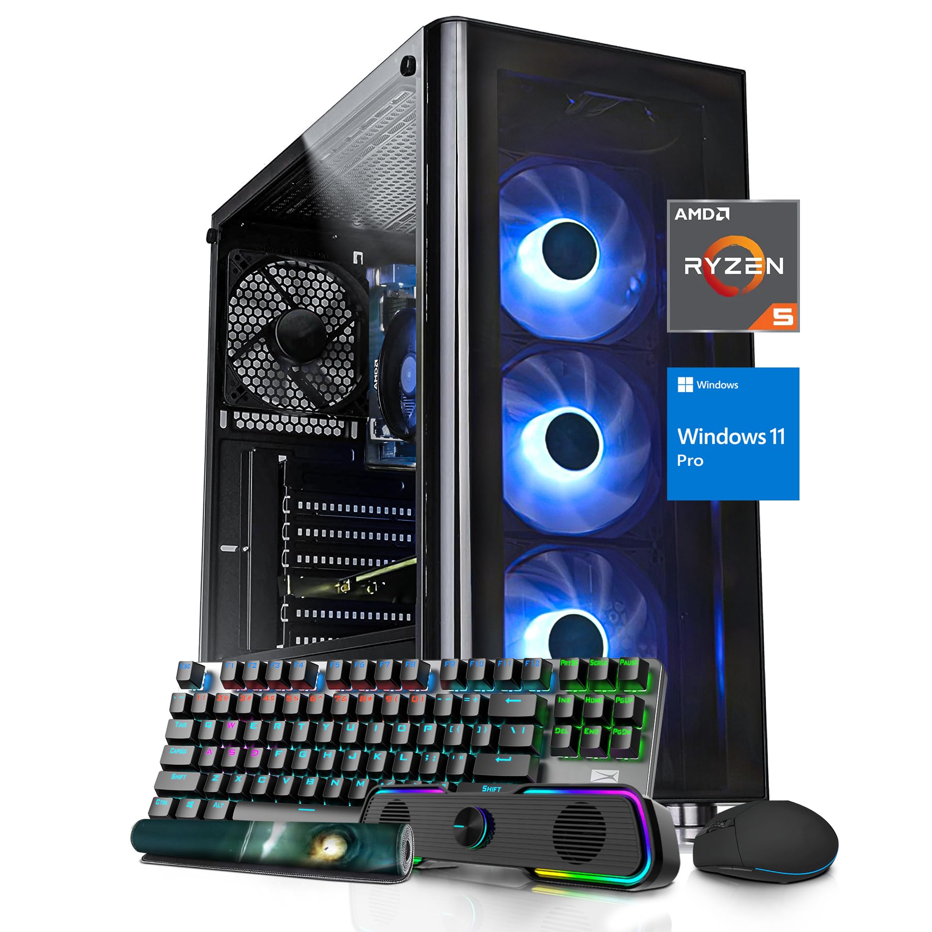 TJJ Neptune Gaming PC Desktop Computer - AMD Ryzen 5 5600G 3.9 GHz (Beat i7-8700K), Radeon RX Vega 7, 16GB DDR4 3200, 512GB NVME SSD, WiFi 6E, RGB Keyboard, Mouse & Speaker, Windows 11 Pro