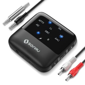 sonru bluetooth 5.2 transmitter receiver, bluetooth audio receiver, 2 in 1 wireless audio bluetooth adapter for car/headphones/speaker/tv/pc, pairs 2 devices simultaneously, aptx low latency