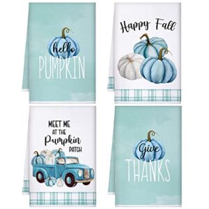 sratte 4 pcs fall kitchen towels 16 x 24 inch blue pumpkin dish towels thanksgiving decorative tea towels autumn harvest hand towels blue white absorbent dishcloth for fall home bathroom kitchen decor