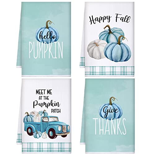 Sratte 4 Pcs Fall Kitchen Towels 16 x 24 Inch Blue Pumpkin Dish Towels Thanksgiving Decorative Tea Towels Autumn Harvest Hand Towels Blue White Absorbent Dishcloth for fall Home Bathroom Kitchen Decor