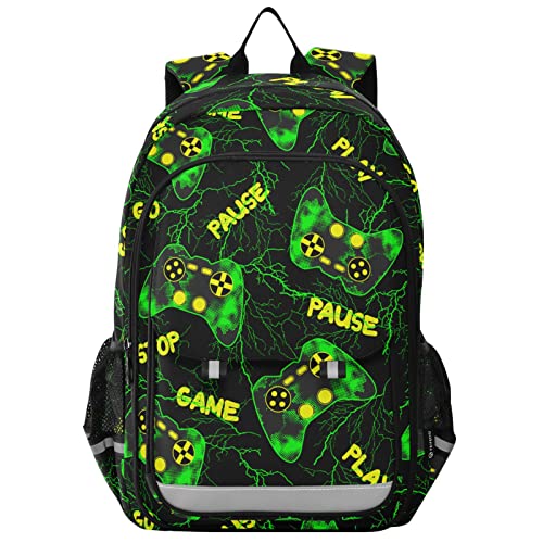 Glaphy Green Video Game Joystick and Lightning School Backpack Lightweight Laptop Backpack Student Travel Daypack with Reflective Stripes