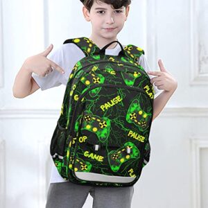 Glaphy Green Video Game Joystick and Lightning School Backpack Lightweight Laptop Backpack Student Travel Daypack with Reflective Stripes