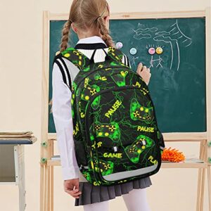 Glaphy Green Video Game Joystick and Lightning School Backpack Lightweight Laptop Backpack Student Travel Daypack with Reflective Stripes