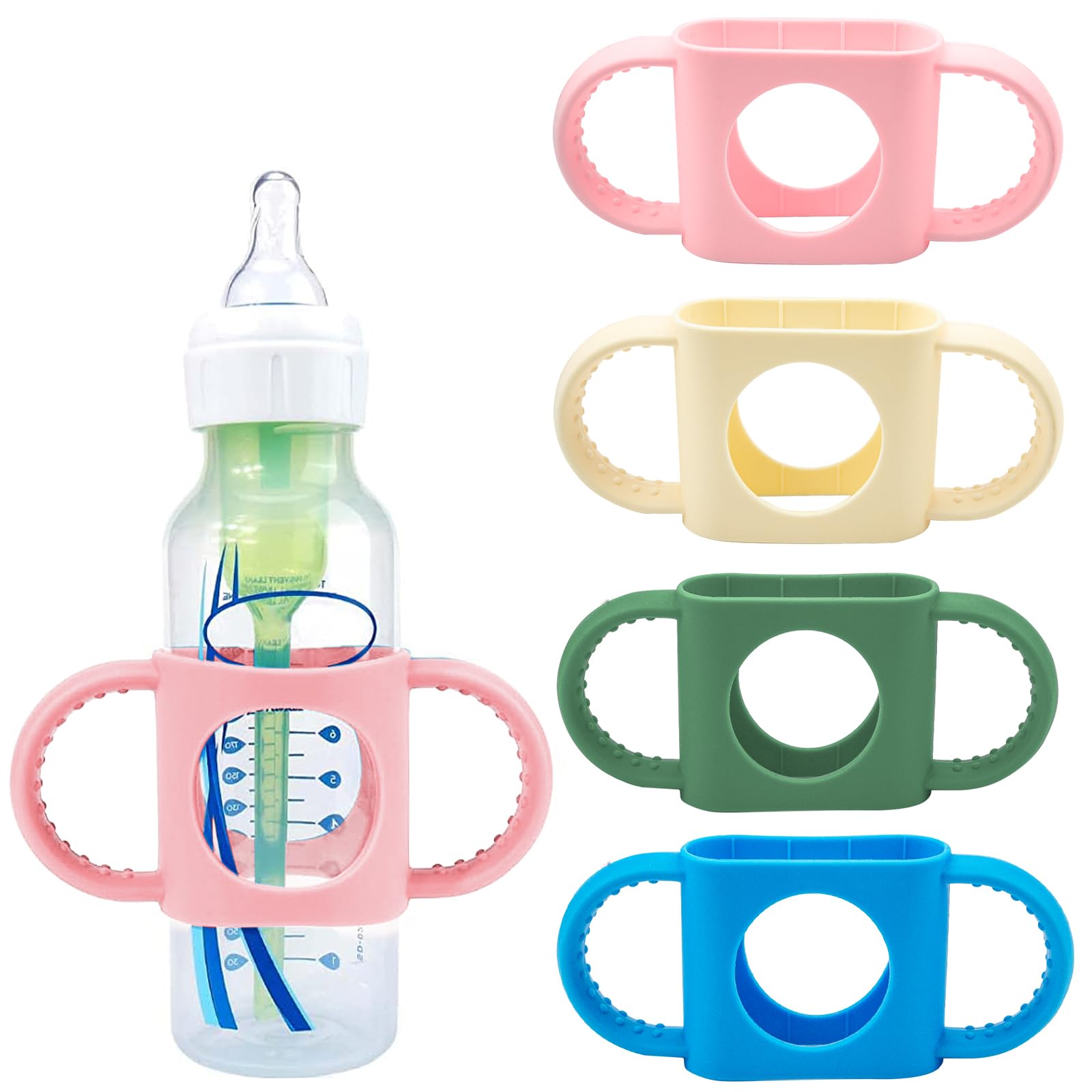 BeautyChen 4 Pack Baby Bottle Handles Compatible with Dr Brown Baby Bottles Soft Silicone Narrow Baby Bottles Handles Non-Slip Easy Grip Handles Dishwasher Safe (White, Pink, Blue, Green)