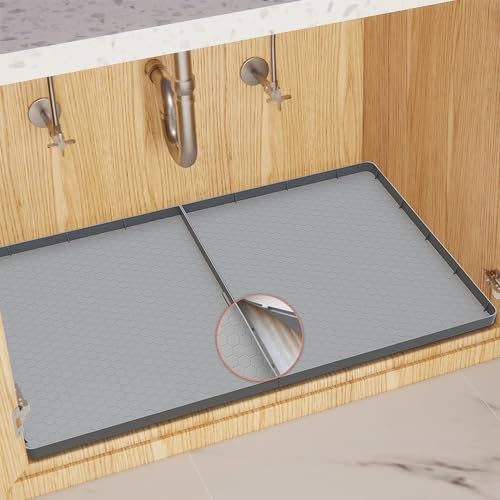 Sdpeia Under Sink Mat, Upgrade 2 PCS Set Interlocking Kitchen Bathroom Cabinet Mats Waterproof Silicone Undersink Tray Up to 3.8 Gallons 34 inx 22 in Splicable Mat (Grey)