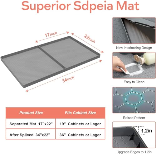 Sdpeia Under Sink Mat, Upgrade 2 PCS Set Interlocking Kitchen Bathroom Cabinet Mats Waterproof Silicone Undersink Tray Up to 3.8 Gallons 34 inx 22 in Splicable Mat (Grey)