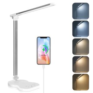 rigors led desk lamp with usb charging port, 5 lighting colors & 10 brightness reading lamp, foldable dimmable led desk light, 3000-6500k, violin shape lamp desk lamps for home office-white