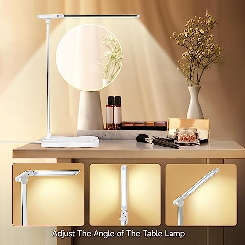 rigors Led Desk Lamp with USB Charging Port, 5 Lighting Colors & 10 Brightness Reading Lamp, Foldable Dimmable LED Desk Light, 3000-6500K, Violin Shape Lamp Desk Lamps for Home Office-White