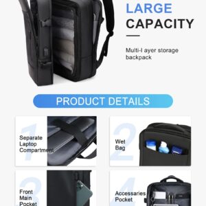 VECAVE Travel Backpack for Women Men Black Carry On Backpack,Expandable Airline Airplane Approved Weekenders Backpack,Fit 15.6 Inch Laptop Waterproof 40L Travel Backpack