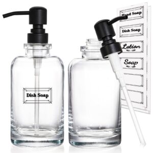 TOPZEA 2 Pack Soap Dispenser, 18 Oz Clear Thick Glass Hand & Dish Liquid Soap Dispenser Set Refillable Lotion Bottles with 304 Rust Proof Stainless Steel Pump & 12 Stickers for Bathroom, Kitchen