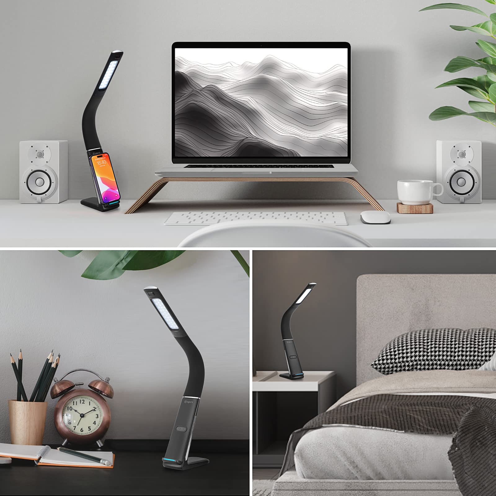 rigors LED Desk Lamp with Wireless Charger, USB Charging Port, Stepless dimmable brightness, Natural Lights, Desk Lamps for Home Office, Table Lamp Eye Caring Reading Light, Gesture Control desk light