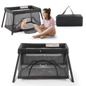 travel crib,3 in 1 portable crib for baby, lightweight pack and play for babies and toddler, foldable travel baby playpen with comfortable mattress and carry bag(dark grey)