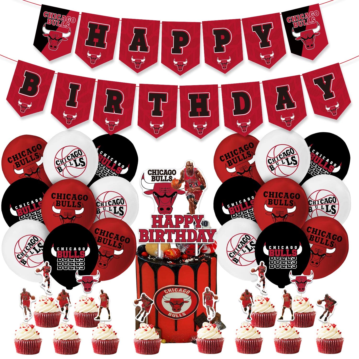 Chicago Bulls Birthday Party Decorations Michael Jordan Themed Basketball Party Supplies 23 Nba Sports Party Favors includes Banner Balloons Cupcakes Cake Topper for Men and Girls Boys