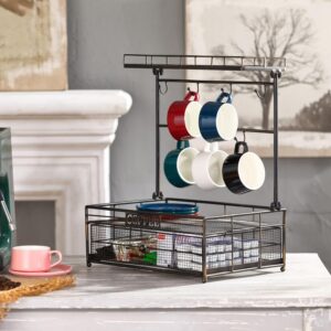 Aifeorzo Coffee Mug Holder, 2 Tier Industrial Countertop Mug Display Rack, 7 Mugs Coffee Cup Stand with Coffee Pod Drawer, Large Metal Cup Tree Holder Stand for Coffee Bar Kitchen, Black