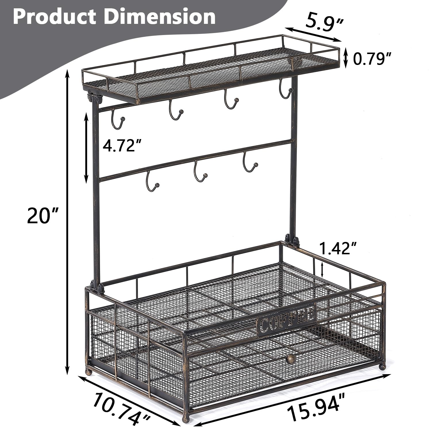 Aifeorzo Coffee Mug Holder, 2 Tier Industrial Countertop Mug Display Rack, 7 Mugs Coffee Cup Stand with Coffee Pod Drawer, Large Metal Cup Tree Holder Stand for Coffee Bar Kitchen, Black