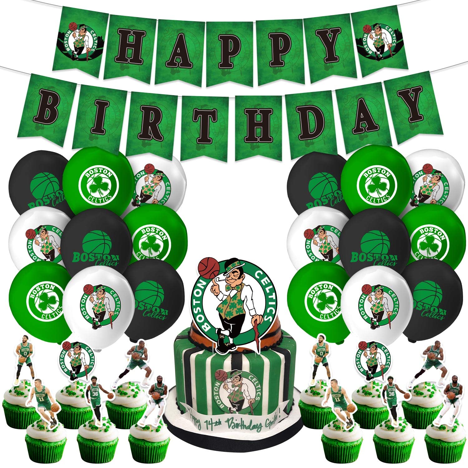 Boston Celtics Basketball Birthday Party Decorations Basketball Sports Birthday Party Favors Jayson Tatum Party Supplies includes Banner Balloons Cupcakes Cake Topper for Boys