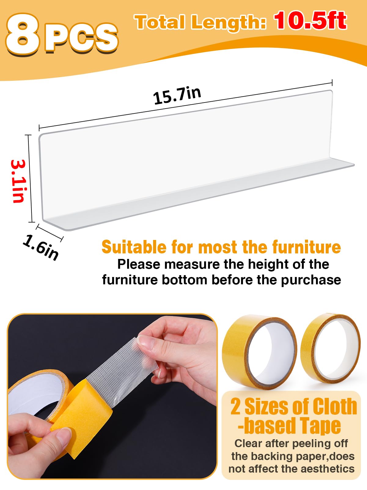 Biggun 3.2in Heighten Under Couch Toy Blocker - 126in Total Length Strong Adhesion Couch Bumpers with Cloth-Based Tape to Prevent Pets Toys from Getting Under Sofa Bed Furniture Gap, 8 Packs