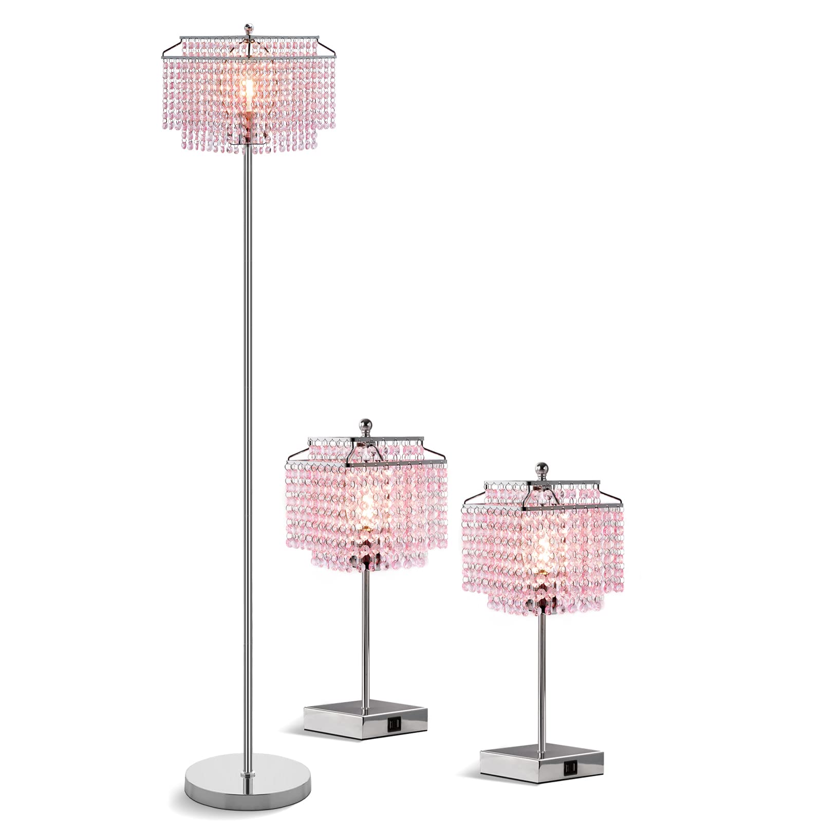 Luvkczc Tables Lamp and Floor Lamp Set, Crystal Table Lamp with USB Ports+Crystal Floor Lamps Set of 2, Morden Lamps for Living Room, Bedroom, Office, Pink