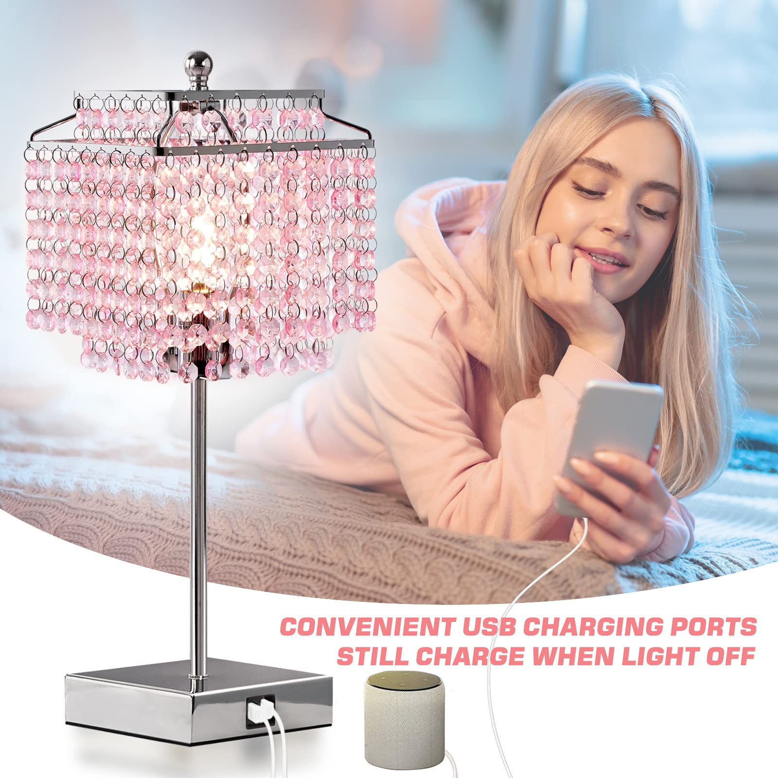 Luvkczc Tables Lamp and Floor Lamp Set, Crystal Table Lamp with USB Ports+Crystal Floor Lamps Set of 2, Morden Lamps for Living Room, Bedroom, Office, Pink