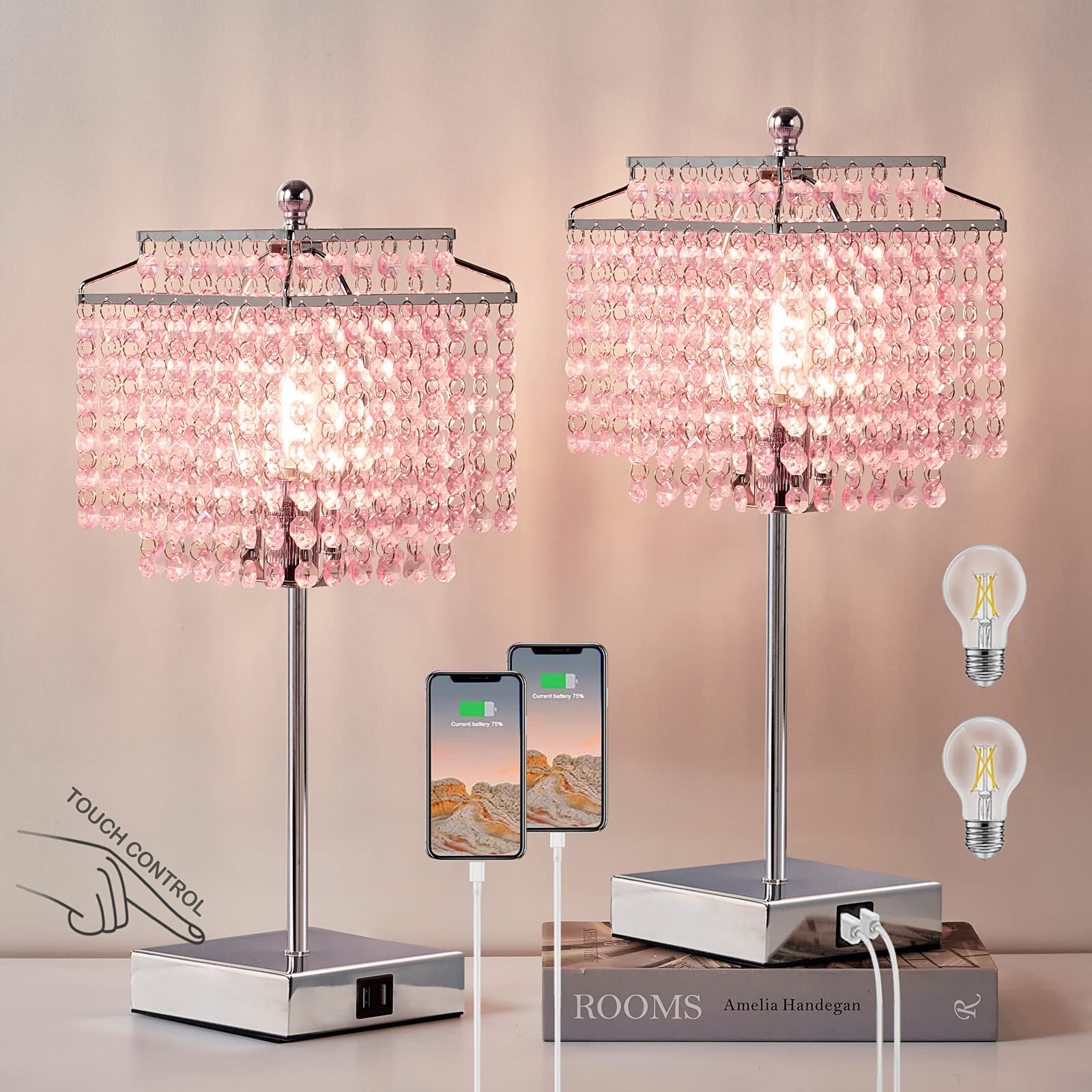 Luvkczc Tables Lamp and Floor Lamp Set, Crystal Table Lamp with USB Ports+Crystal Floor Lamps Set of 2, Morden Lamps for Living Room, Bedroom, Office, Pink